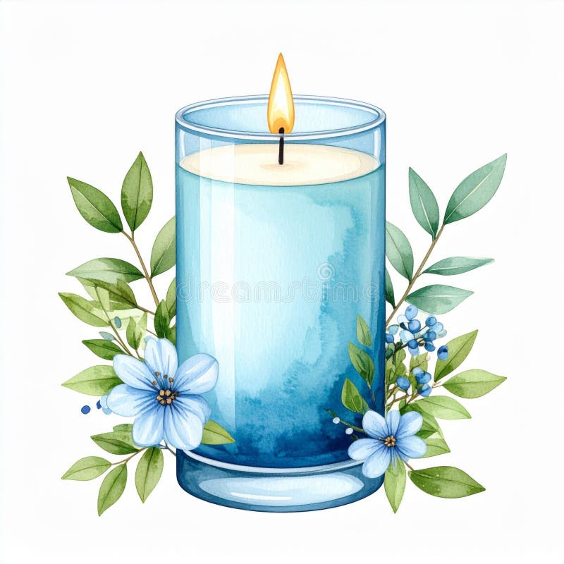 Blue Watercolor Candle with Flowers and Leaves Stock Illustration ...