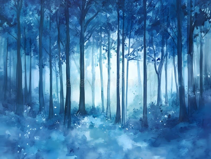 Blue Watercolor Forest Nature Tree Landscape Wilderness Stock ...