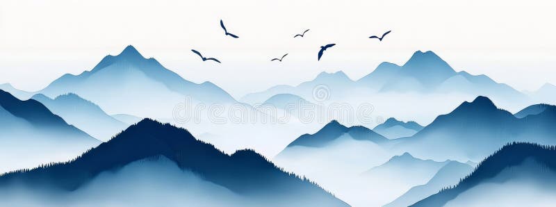 Blue Watercolor Landscape with Blue Ink Dots. Stock Illustration ...