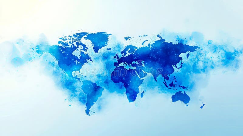 A Blue Watercolor Map of the World on a Blue Background Stock Image ...