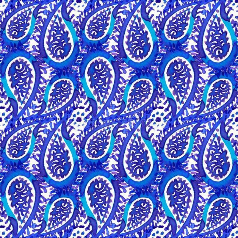 Watercolor Paisley Seamless Background. Cool Colors. Indian, Persian or ...