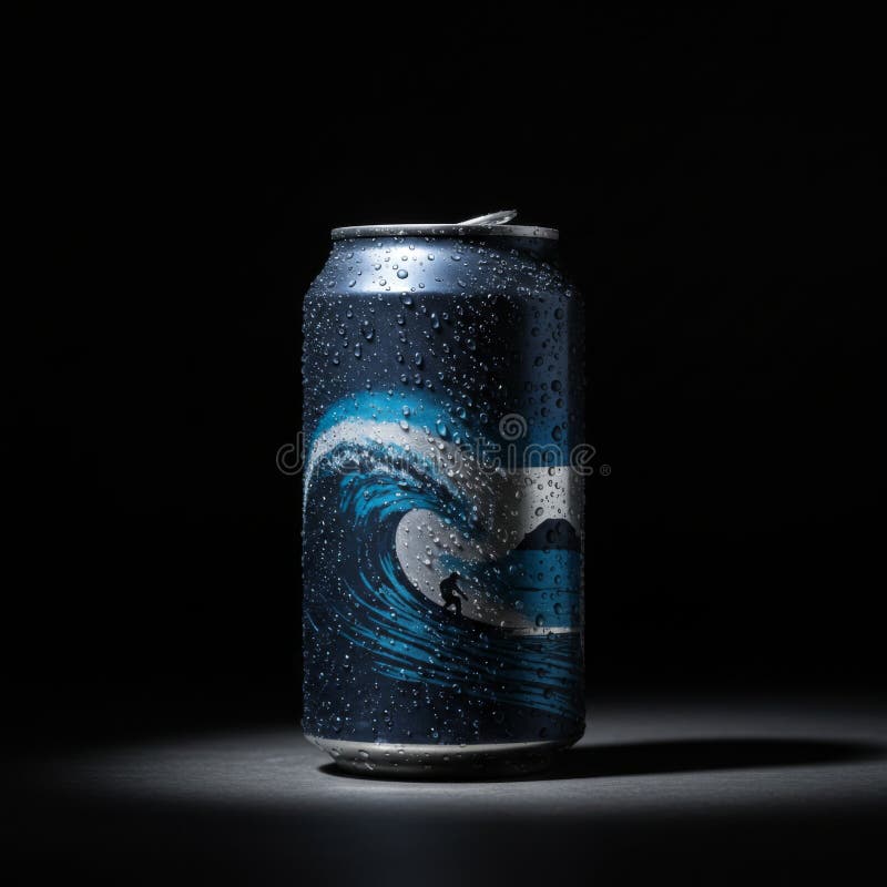 Blue Wave Aluminum Can with Condensation on Dark Background Stock Image ...