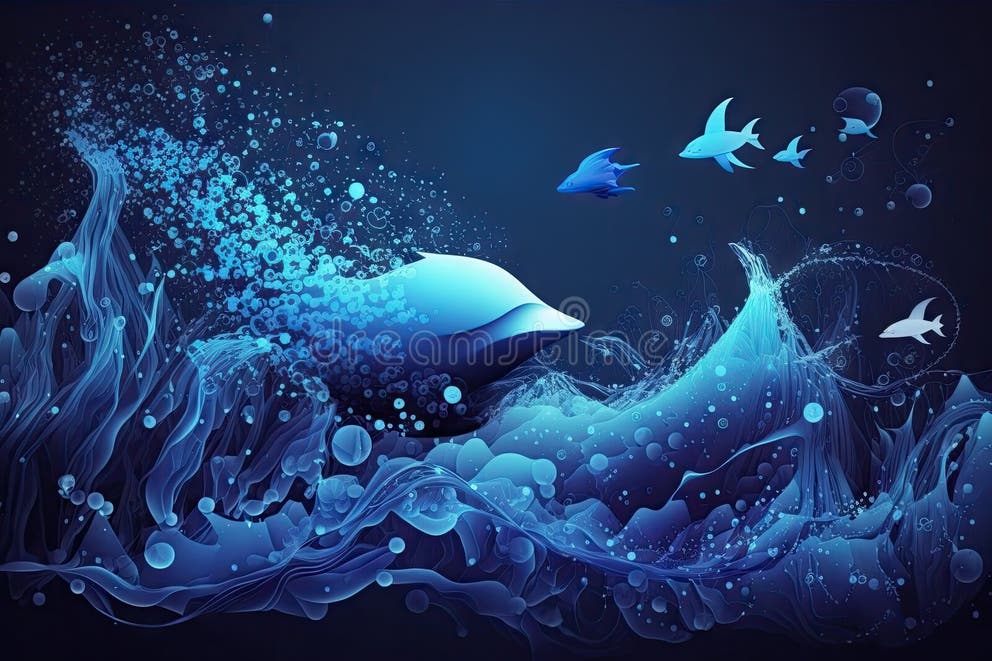 Blue Wave Background, with Floating Objects and Particles Stock ...