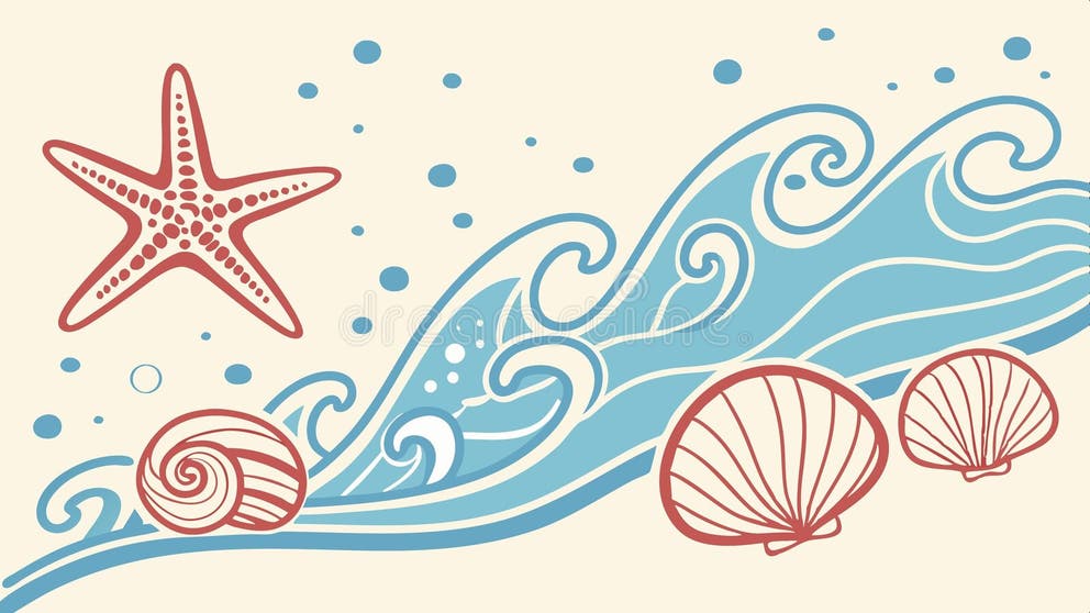 Blue Wave Border with Seashells, Nautical Design Element Vector Design ...