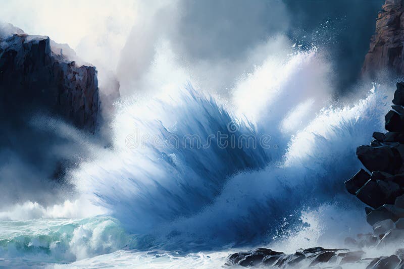 Blue Wave Crashing Against Cliffside, with Spray Flying Stock ...