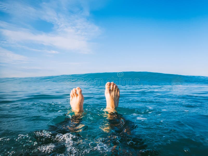 Blue Wave in Ocean and Man from the First Person. Stock Image - Image ...