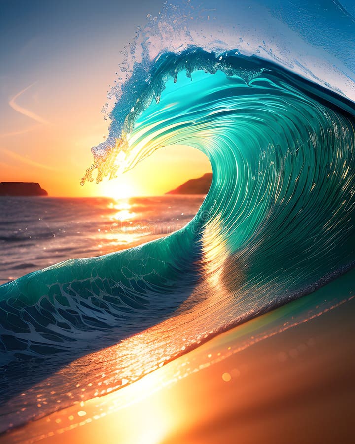 Blue wave and sunset stock illustration. Illustration of beach - 293207073