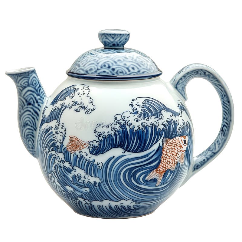 Blue Wave Teapot Koi Fish Design Japanese Style Ceramic Teapot Stock ...