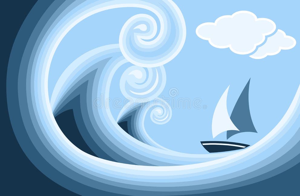 Blue waves and boat stock vector. Illustration of shape - 31454716