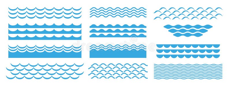 Blue Waves Set. Wave Ornament. Vector Sea, Ocean, Water Geometric ...