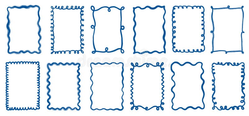 Blue Wavy Vector Frames and Borders for Summer Designs, Curvy Doodle ...