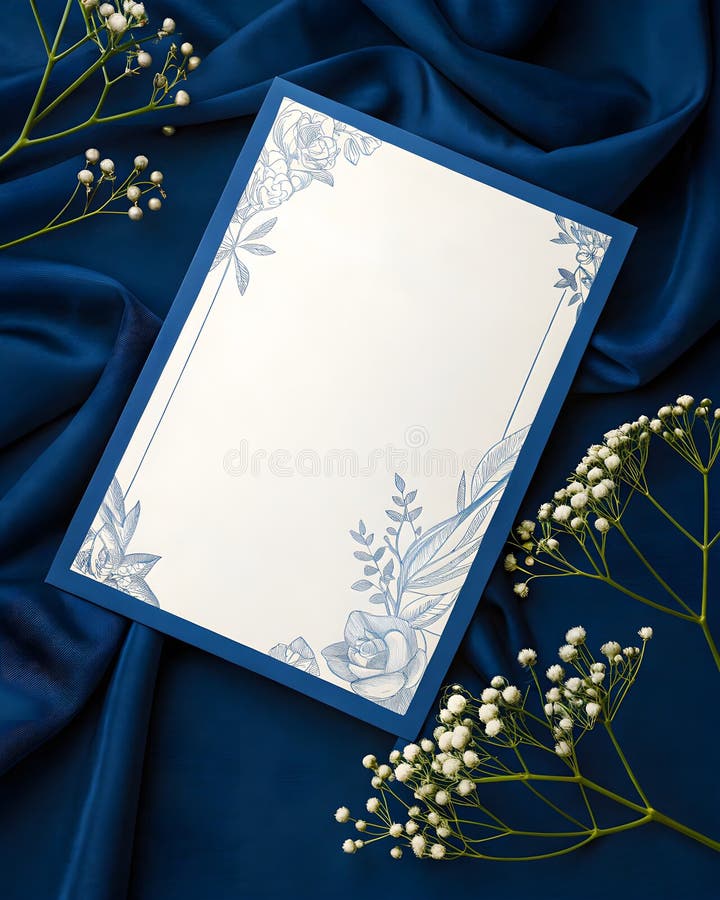 Blue Wedding Invitation Card Mockup with Floral Border and Silk Fabric ...