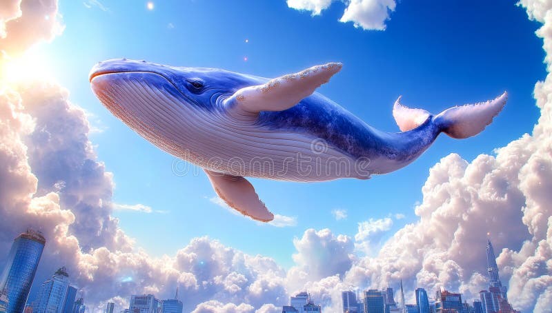 A Blue Whale is Flying through the Sky Above a City Stock Image - Image ...