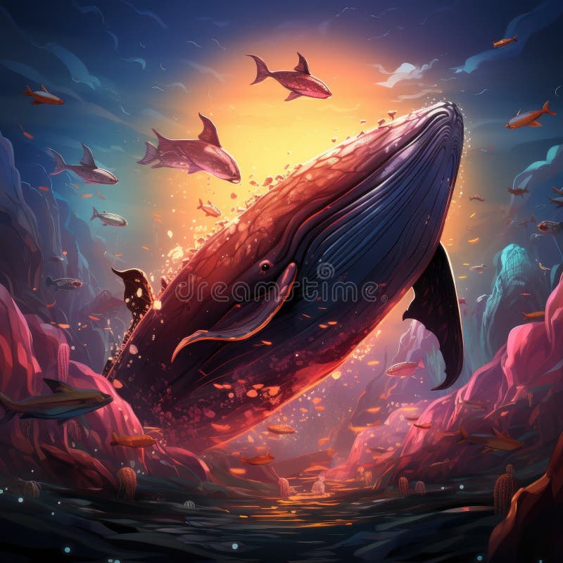 A Blue Whale is Jumping Out of the Water with a Sunset in the ...