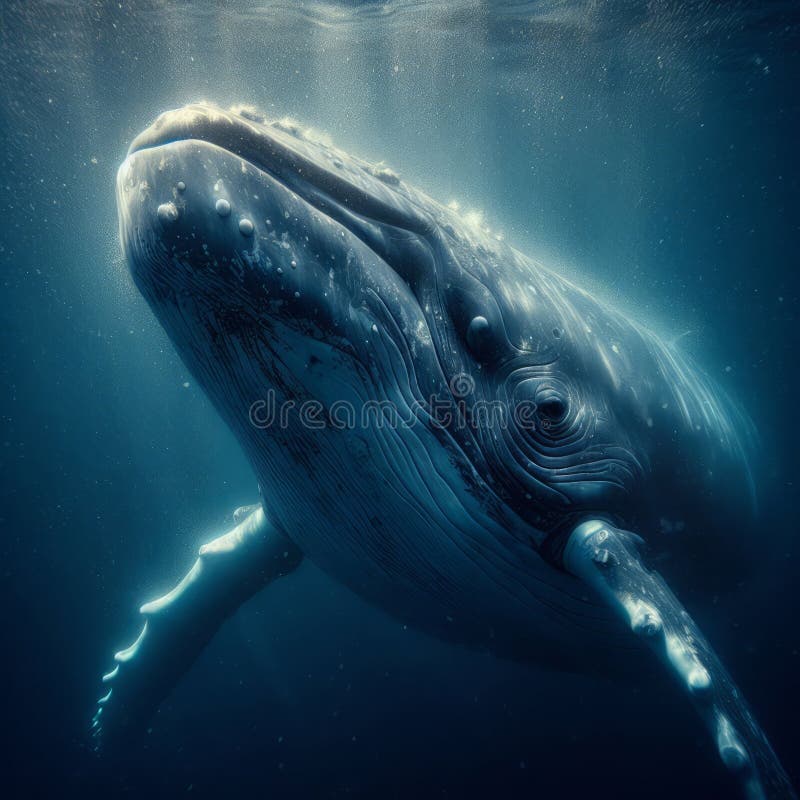 A Blue Whale Swimming in the Ocean with Bubbles and Light Rays Shining ...
