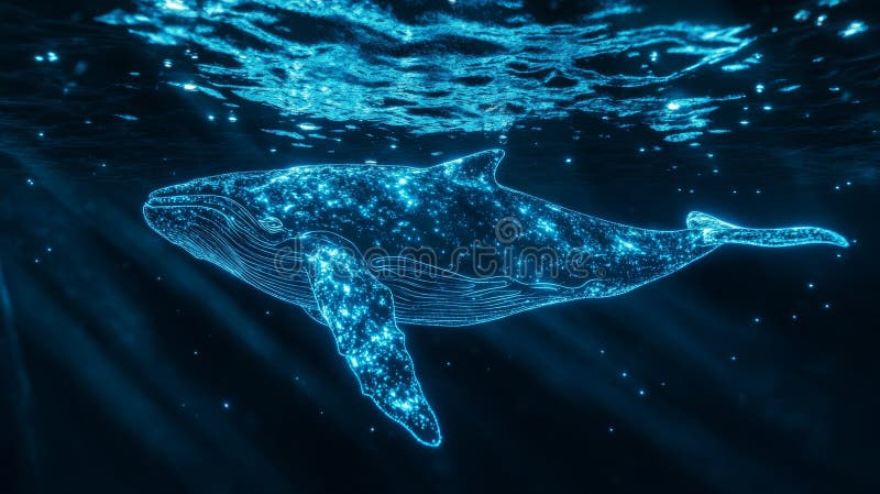Blue Whale Swimming Underwater Made of Shiny Particles with Light Beams ...