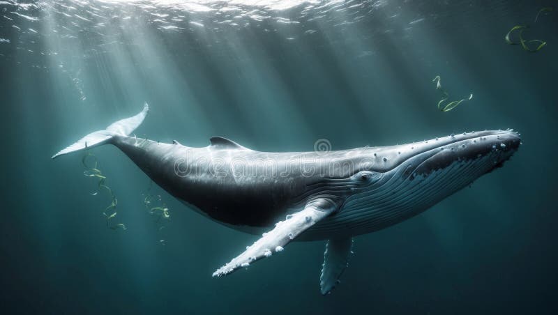 Blue Whale Swims Alone in the Deep Ocean. Stock Photo - Image of floor ...