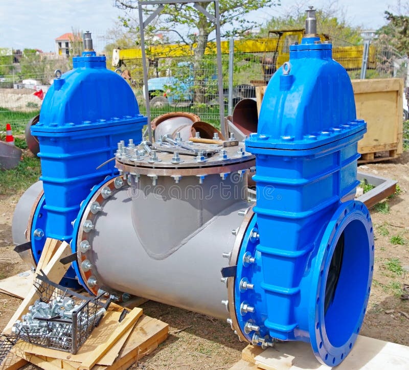 Blue wheel valve with pipe stock photo. Image of energy - 181738294