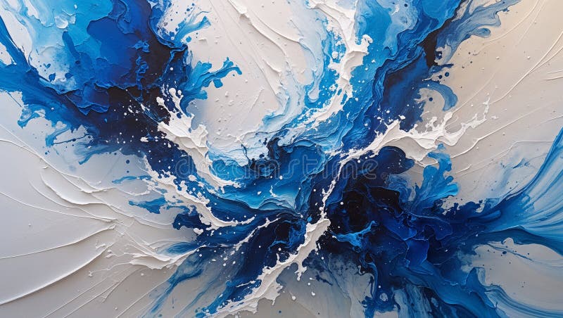 Blue and White Acrylic Paint Flows and Splashes Across the Canvas ...