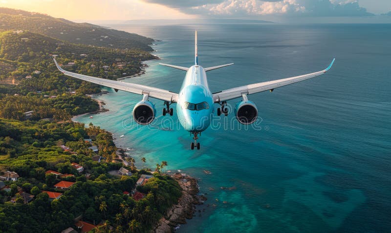A Blue and White Airplane Flying Over a Beach Stock Photo - Image of ...