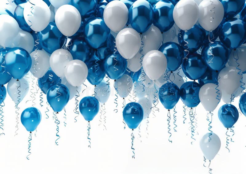 Blue and White Balloons Hanging from Ceiling with Ribbons Stock Photo ...