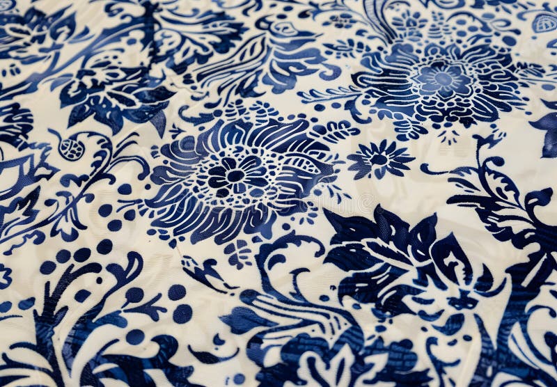 Blue and White Batik Floral Pattern Fabric Stock Illustration ...