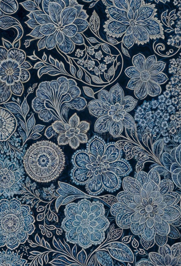 A Blue and White Batik Pattern with a Large Flower Design Stock ...