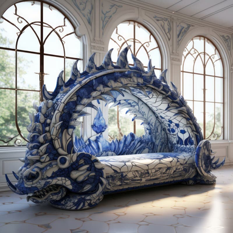 A Blue and White Bed with a Dragon Head on it Stock Illustration ...