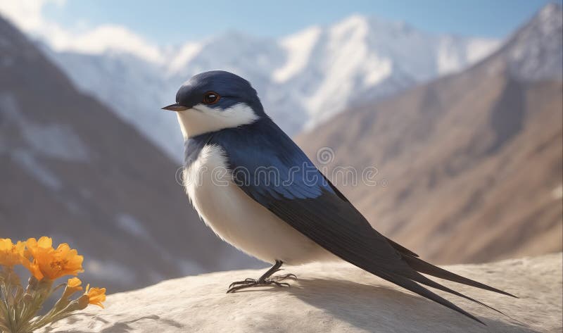 A Blue and White Bird Perches on a Rock in Front of a Mountain Range ...