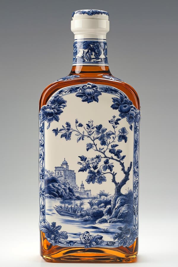 A Blue and White Bottle with a Picture of a Castle on it Stock Photo ...