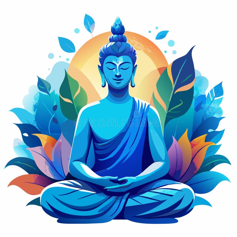 A Blue and White Buddha Statue with a Blue Robe and a Blue Flower on ...