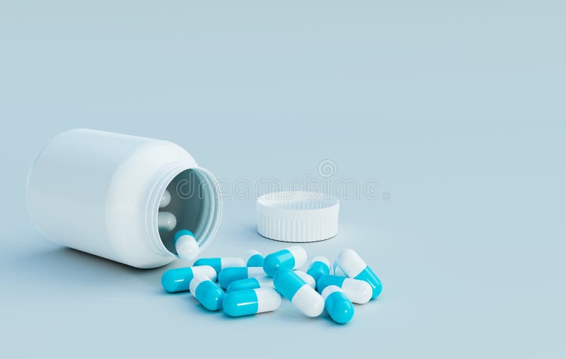 Blue and White Capsules Medication in White Container Stock ...