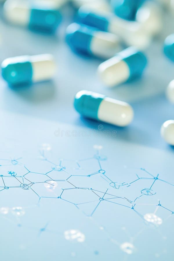 Blue and White Capsules Scattered on a Molecular Structure Diagram ...