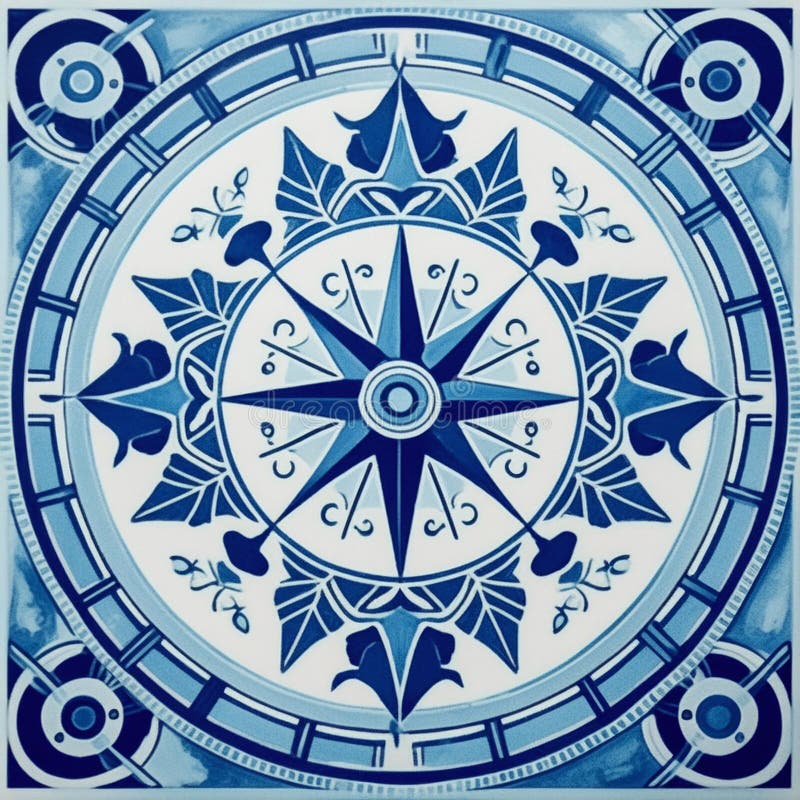A Blue and White Ceramic Tile with a Compass Rose Design Stock ...