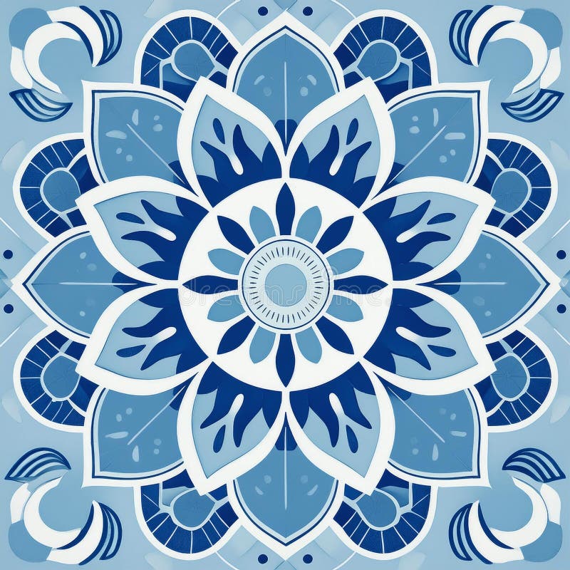 A Blue and White Ceramic Tile with a Floral Mandala Design Stock ...