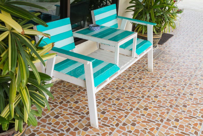 Blue and White Chairs in Front of the House Stock Image - Image of seat ...