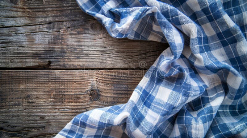 Blue and White Checkered Fabric on Rustic Wooden Surface Stock Photo ...