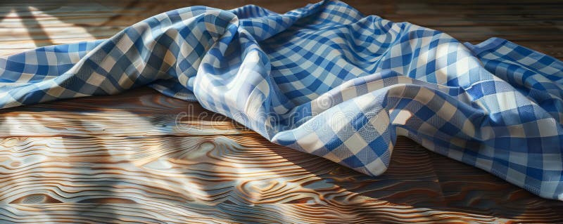 Blue and White Checkered Fabric on Wooden Surface, Sunlight Creating ...