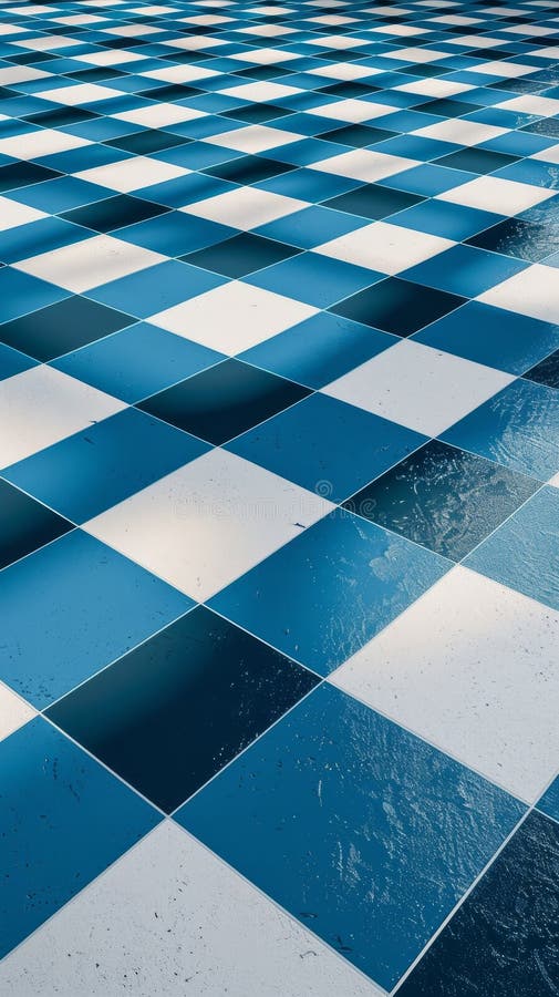 Blue and White Checkered Floor with Wet Tiles Stock Photo - Image of ...