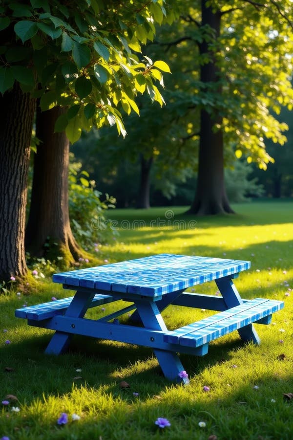 Blue White Checkered Picnic Table, Full View, Shadow, Nature, Landscape ...