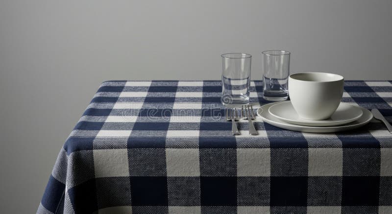 Blue and White Checkered Tablecloth with Dinner Setting Stock Image ...