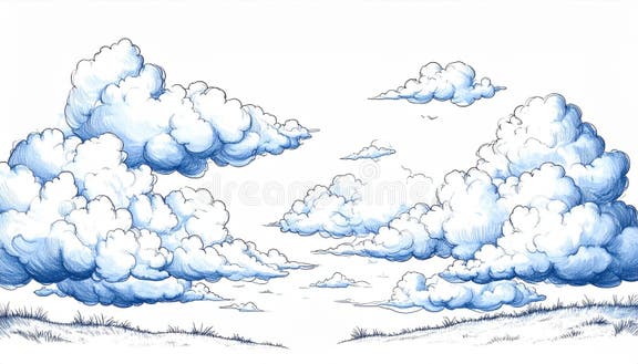 Blue and White Cloudscape Drawing Stock Illustration - Illustration of ...