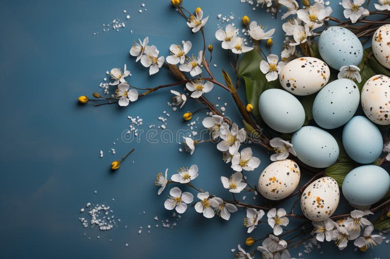 Blue and White Colored Easter Eggs with Blossom Cherry on Blue Easter ...