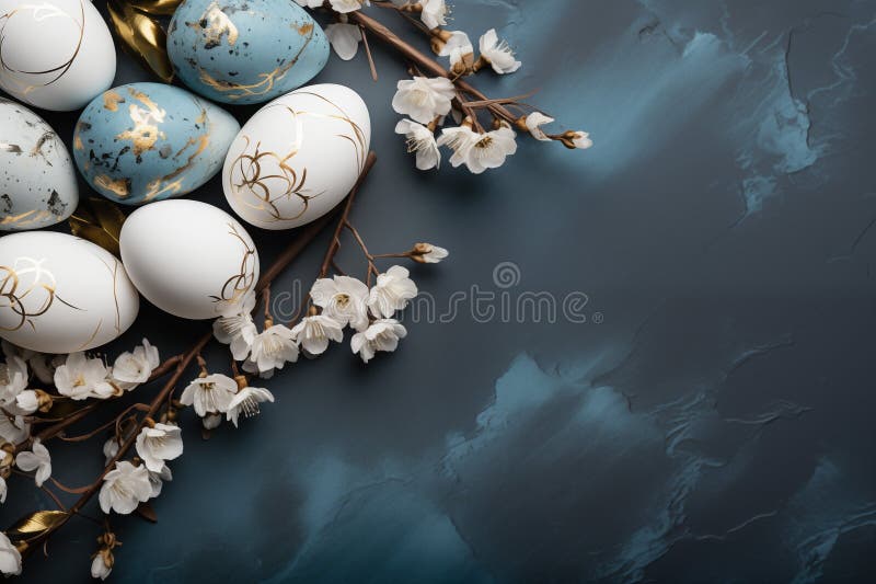 Blue and White Colored Easter Eggs with Blossom Cherry on Blue Easter ...
