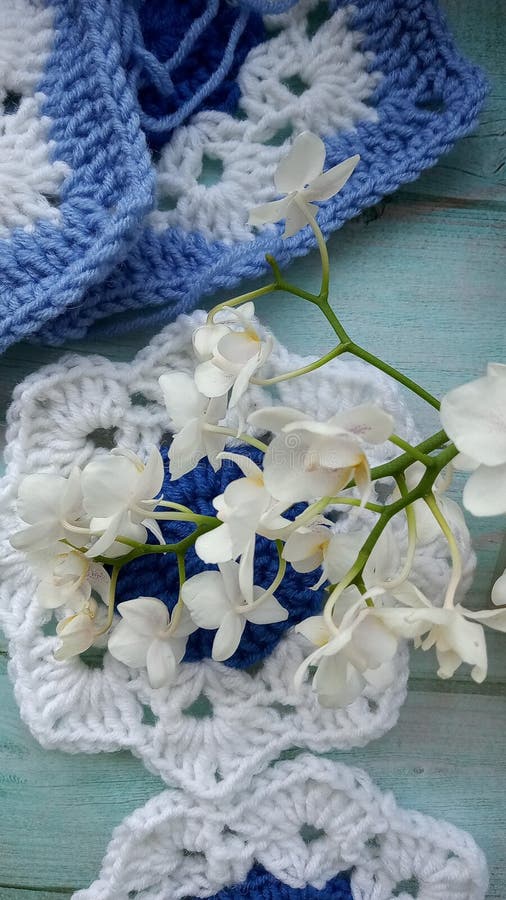 Blue, White Crochet Elements and Orchid. Crochet Texture, Place for an ...