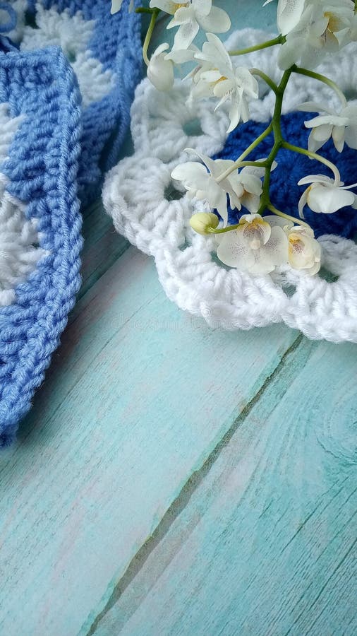 Blue, White Crochet Elements and Orchid. Crochet Texture, Place for an ...