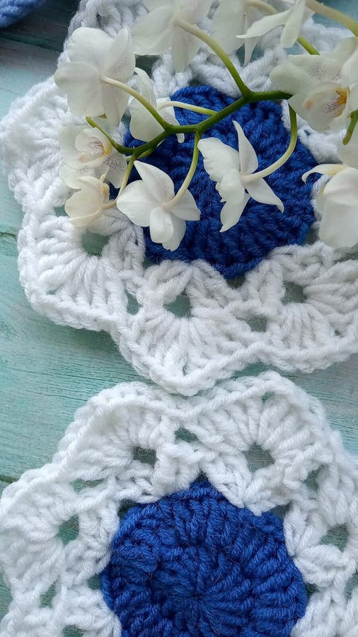 Blue, White Crochet Elements and Orchid. Crochet Texture, Place for an ...