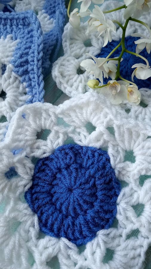 Blue, White Crochet Elements and Orchid. Crochet Texture, Place for an ...