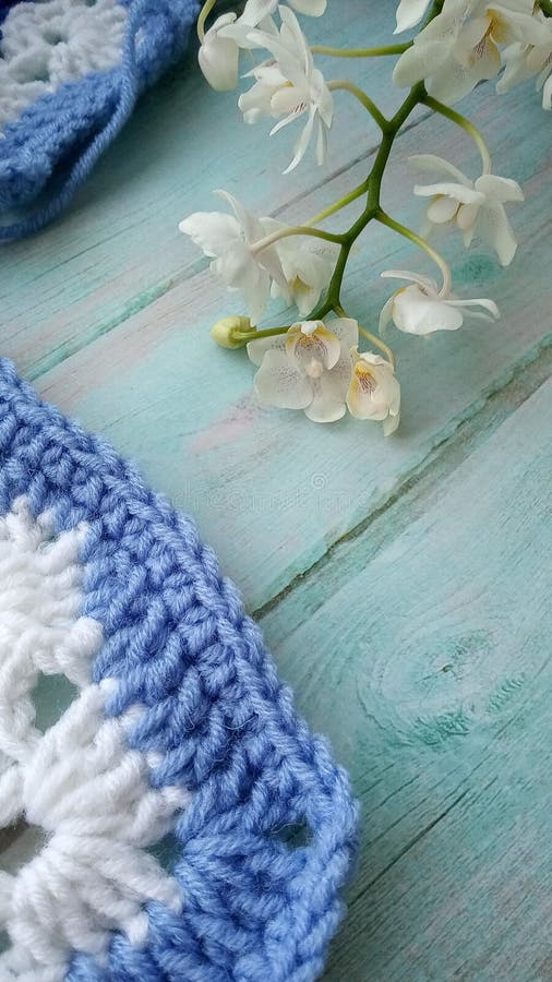 Blue, White Crochet Elements and Orchid. Crochet Texture, Place for an ...