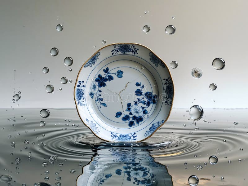Blue and White Decorative Plate on Wet Surface with Water Drops Stock ...